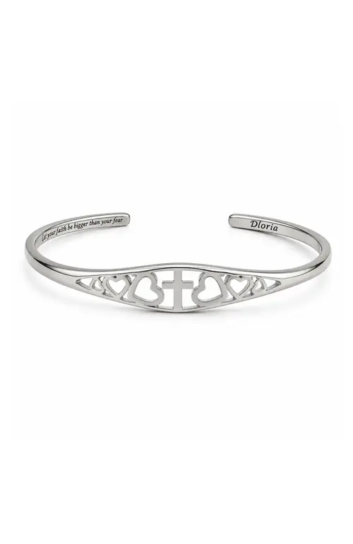 DLORIA Cross And Heart Faith Engraved Adjustable Cuff Bracelet Let Your Faith Be Bigger Than Your Fear - Silver