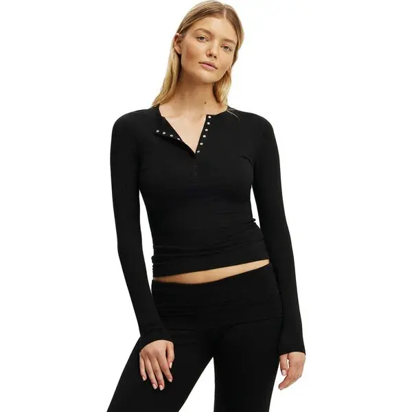 Cotton:on Airy Soft Lounge Henley Long Sleeve Top - Smooth Black
