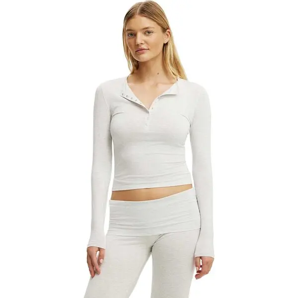 Cotton:on Airy Soft Lounge Henley Long Sleeve Top - Smooth Light Grey Marle