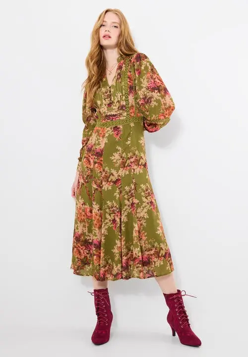 JOE BROWNS Peasant Maxi Dress - Olive Batik Bloom