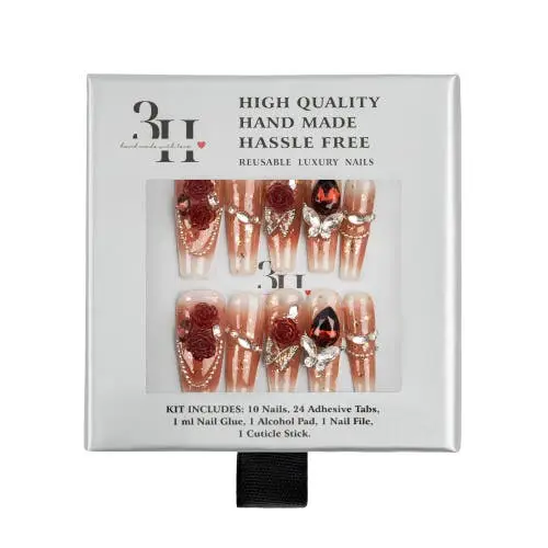 3H NAILS Crimson Rose Long Square Press-on Nails