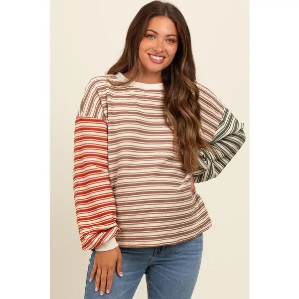 PINKBLUSH Striped Colorblock Bubble Sleeve Top - Brown