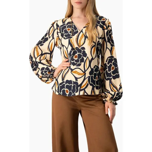 IVONNE Floral Print Bishop-sleeve Blouse - Ivory