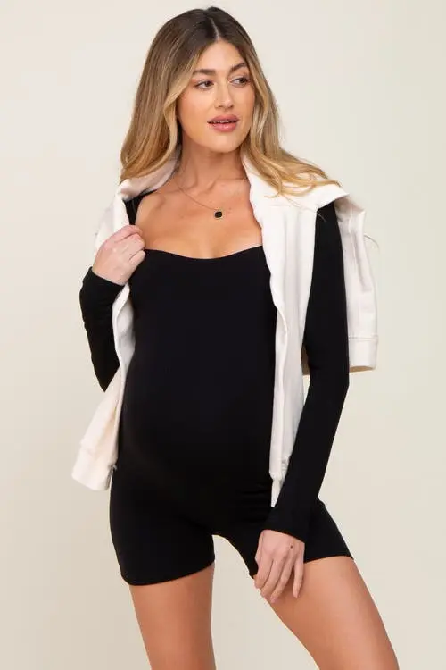 PINKBLUSH Square Neck Long Sleeve Romper - Black