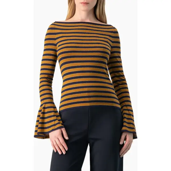 IVONNE Boat-neck Bell-sleeve Striped Blouse - Camel