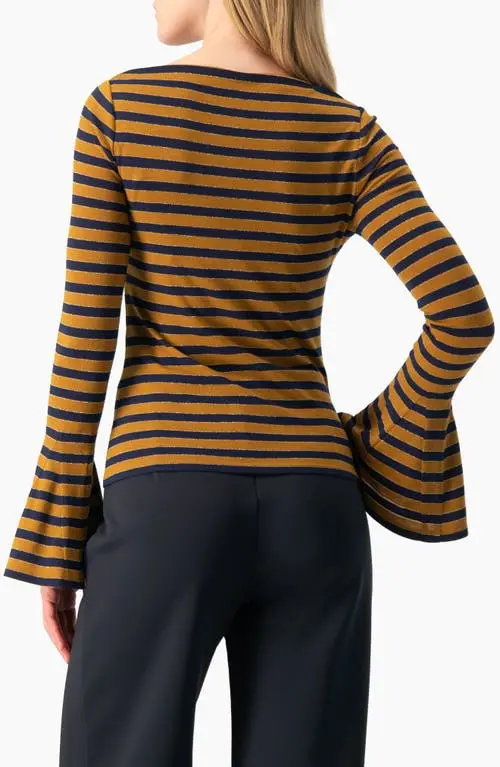 IVONNE Boat-neck Bell-sleeve Striped Blouse