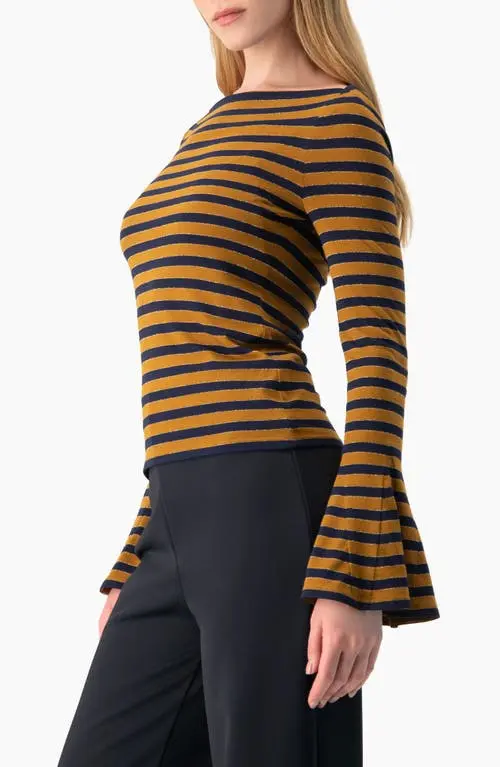 IVONNE Boat-neck Bell-sleeve Striped Blouse