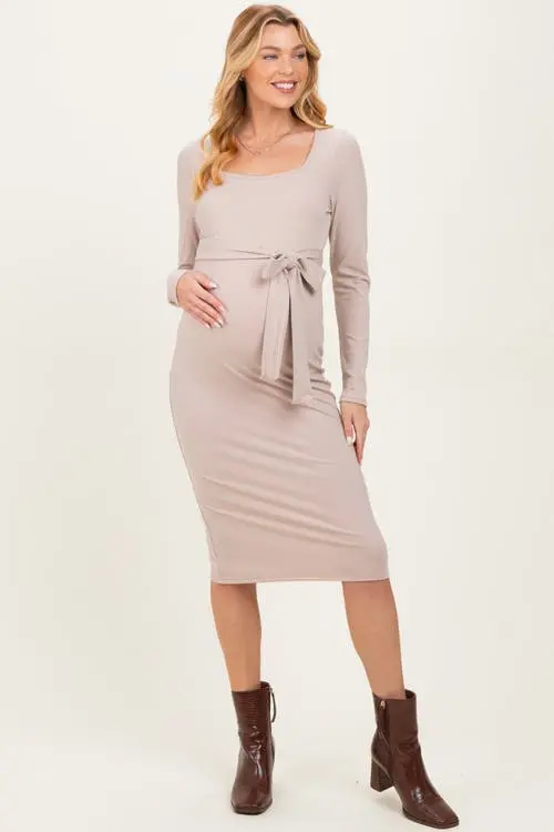 PINKBLUSH Ribbed Long Sleeve Square Neck Tie Belt Midi Dress - Beige
