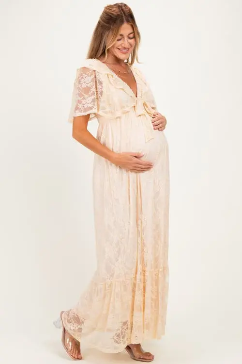 PINKBLUSH Lace Flutter Sleeve Tiered Maxi Dress