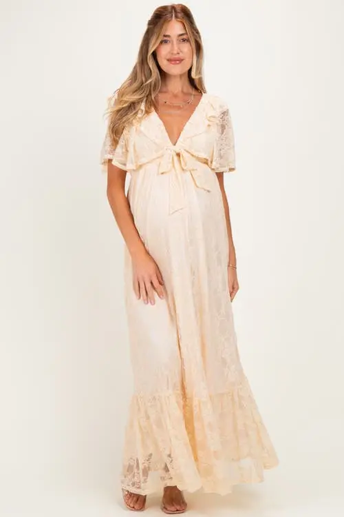 PINKBLUSH Lace Flutter Sleeve Tiered Maxi Dress - Beige
