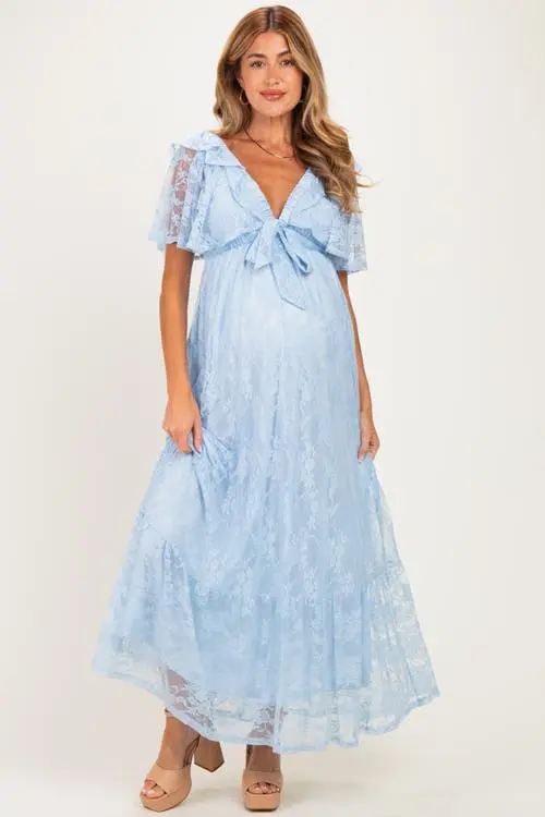 PINKBLUSH Lace Flutter Sleeve Tiered Maxi Dress