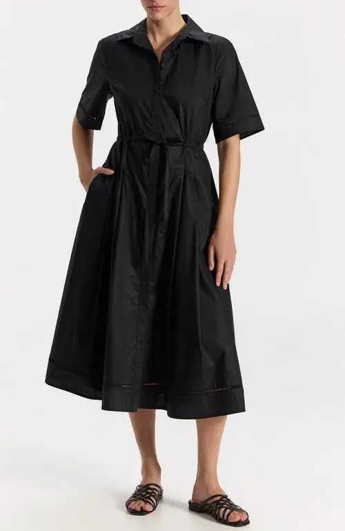 Ronen Chen Collared Short Sleeve Midi Shirt Dress With Tie Waist