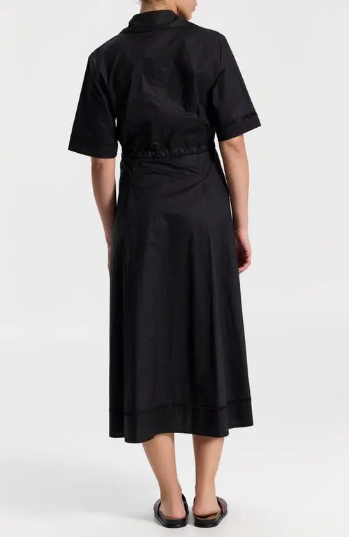 Ronen Chen Collared Short Sleeve Midi Shirt Dress With Tie Waist