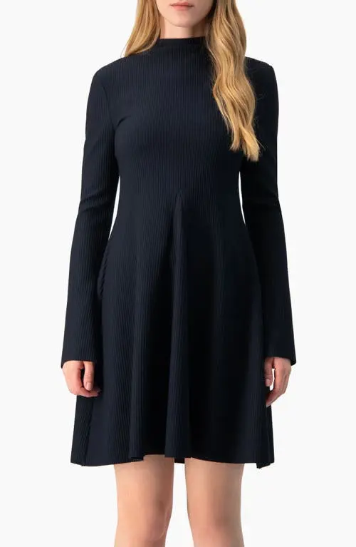 IVONNE Boat-neck Long Sleeve A-line Dress - Navy Blue