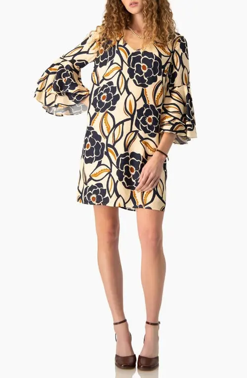 IVONNE Floral V-neck Dress With Tullip Sleeves - Light Brown