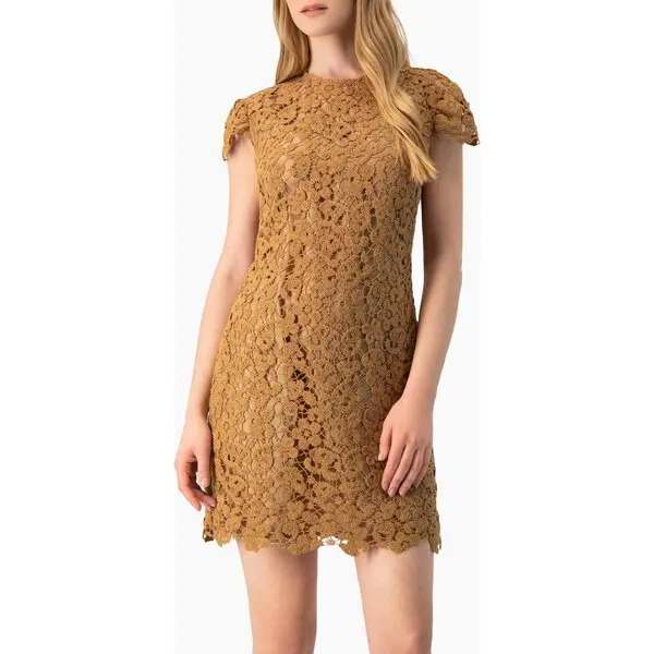 IVONNE Guipure Lace Cap-sleeve Shift Dress - Light Brown