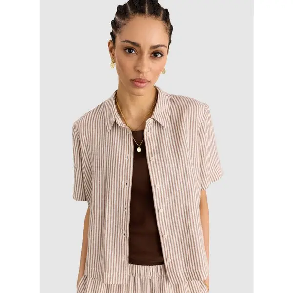 Baukjen Clyde Linen Short Sleeve Shirt - Chocolate Stripe