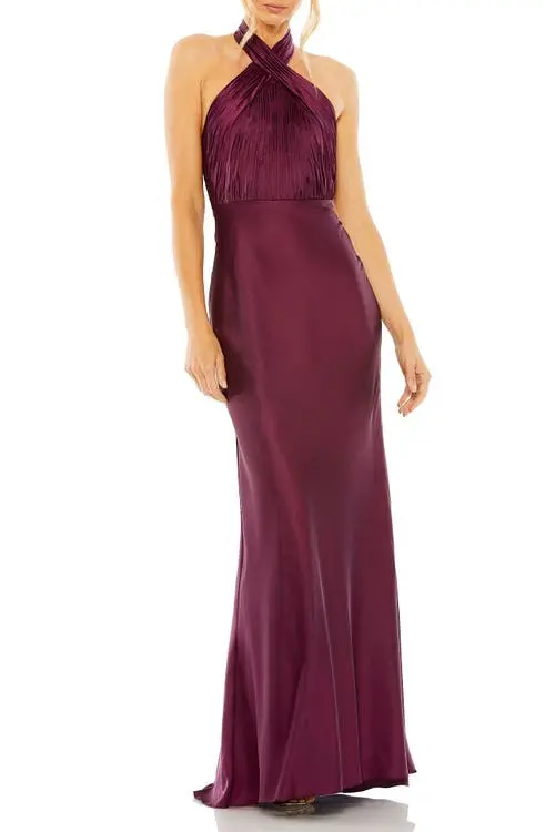 Mac Duggal Pleated Halter Neck Satin Gown - Plum