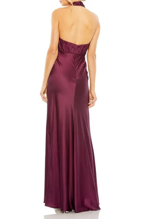 Mac Duggal Pleated Halter Neck Satin Gown
