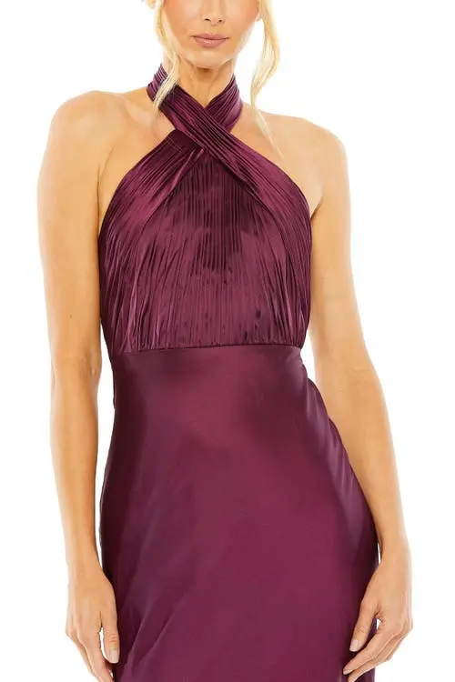 Mac Duggal Pleated Halter Neck Satin Gown