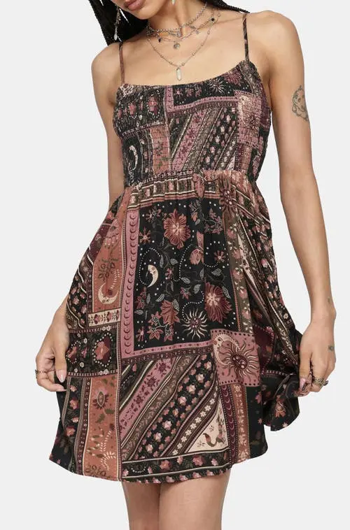 DISTURBIA Nola Folk Patchwork Print Mini Dress