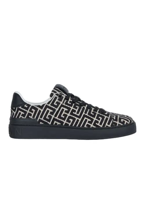Balmain B-court Trainers In Leather And Monogram Jacquard - Black