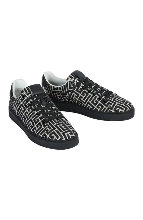 Balmain B-court Trainers In Leather And Monogram Jacquard