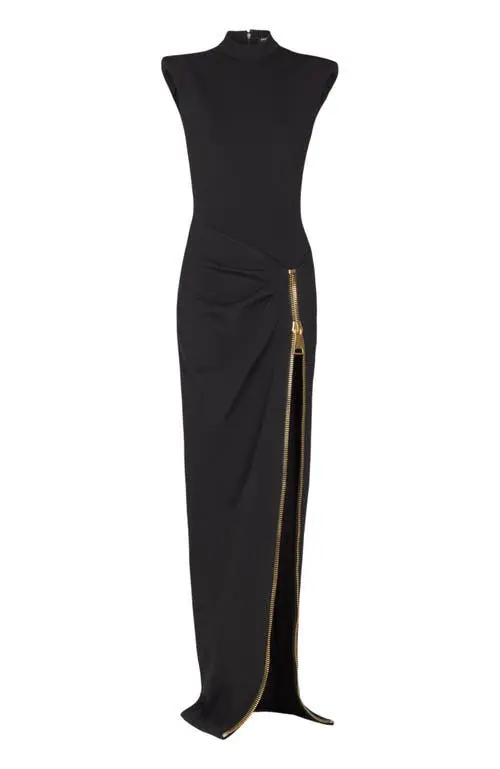 Balmain Long Jersey Dress With Leg Slit - Black