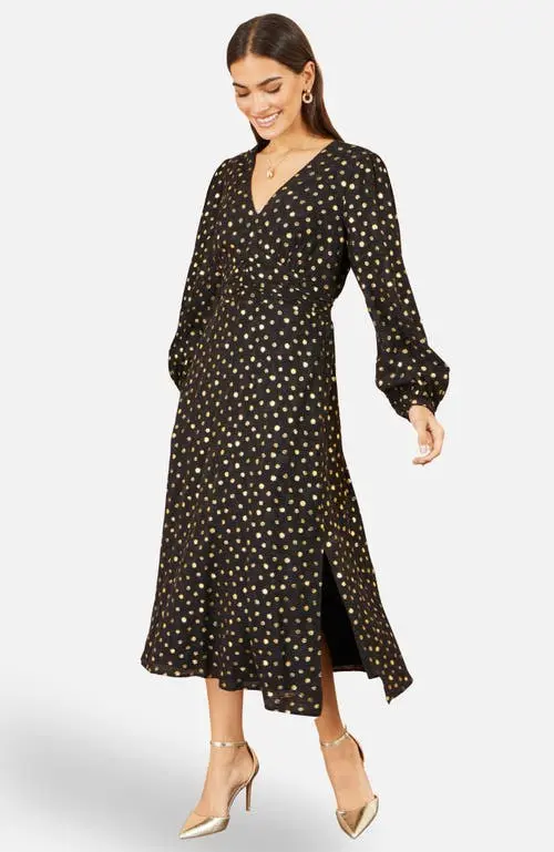 YUMI Long Sleeve Foil Print Midi Dress