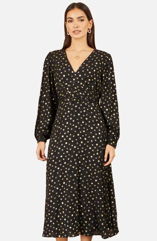 YUMI Long Sleeve Foil Print Midi Dress