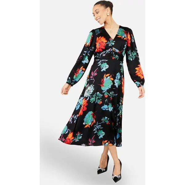 YUMI Long Sleeve Floral Midi Dress - Black