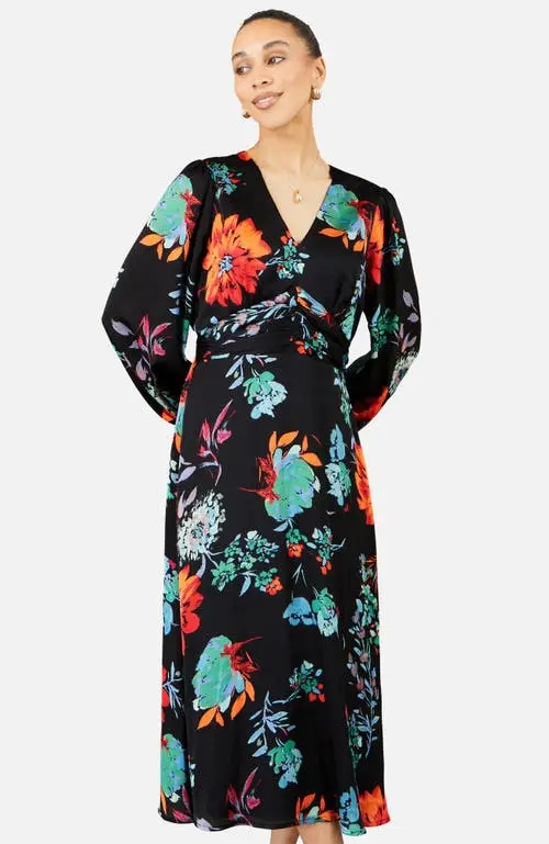 YUMI Long Sleeve Floral Midi Dress