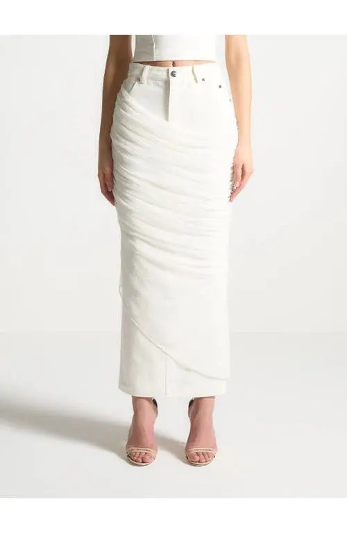 Manière De Voir Draped Mesh Denim Maxi Skirt
