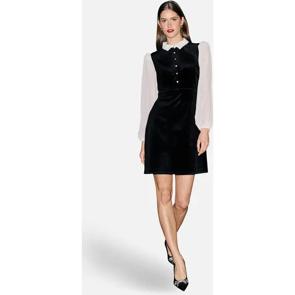 YUMI Contrast Long Sleeve Velvet Mini Dress - Black