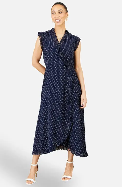 YUMI Polka Dot Midi Wrap Dress - Navy