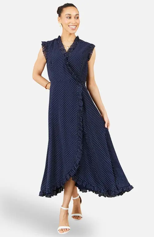 YUMI Polka Dot Midi Wrap Dress