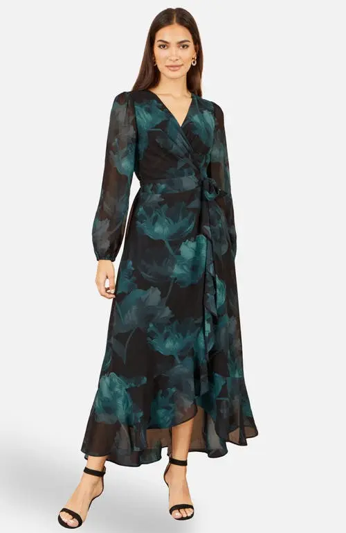 YUMI Floral Dipped Hem Wrap Midi Dress - Black