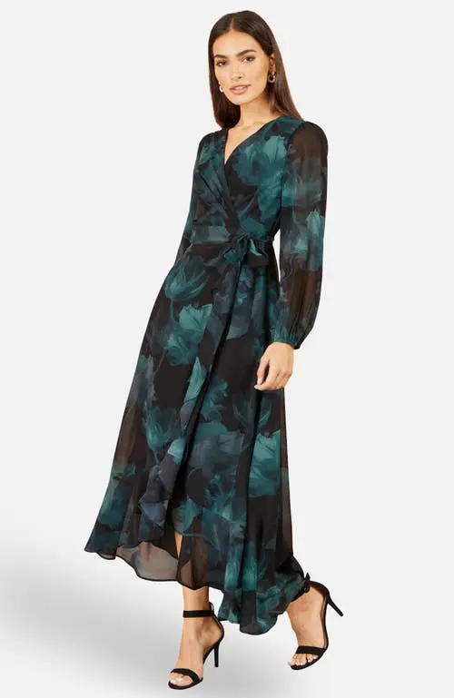 YUMI Floral Dipped Hem Wrap Midi Dress