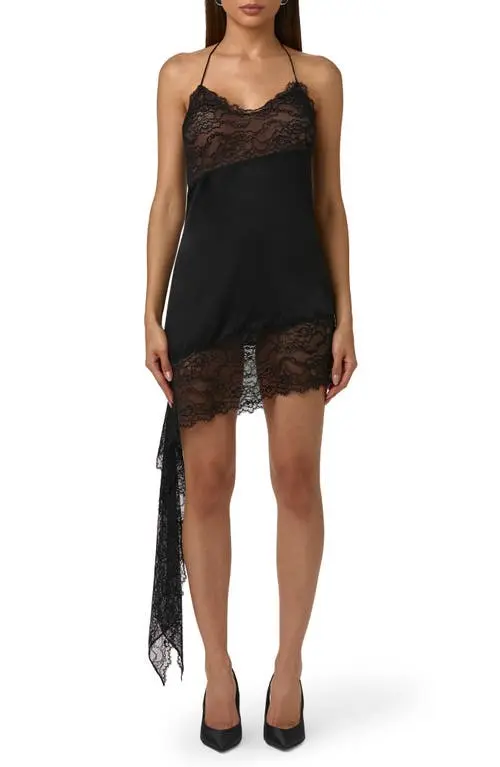 Naked Wardrobe Asymmetrical Stretch Silk Minidress With Lace Trim - Black
