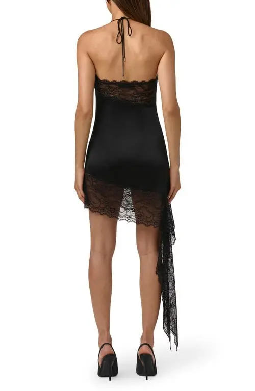 Naked Wardrobe Asymmetrical Stretch Silk Minidress With Lace Trim
