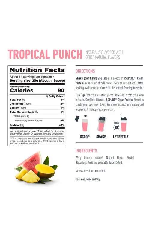 ISOPURE Clear Low Carb Whey Protein Isolate Powder Tropical Punch
