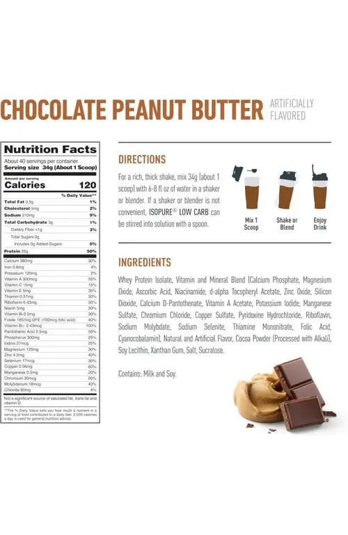 ISOPURE Low Carb Pure Whey Isolate Protein Powder Chocolate Peanut Butter