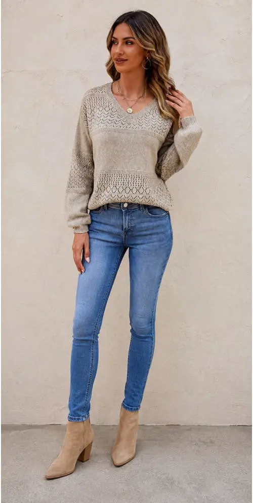 ZILPU Pointelle Knit V-neck Sweater - Camel