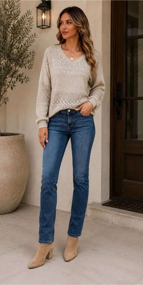 ZILPU Pointelle Knit V-neck Sweater - Camel