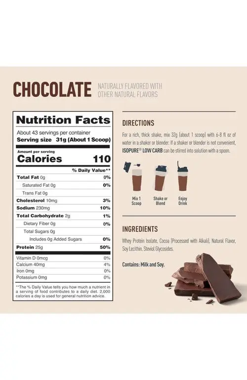 ISOPURE Low Carb Pure Whey Isolate Protein Powder Chocolate