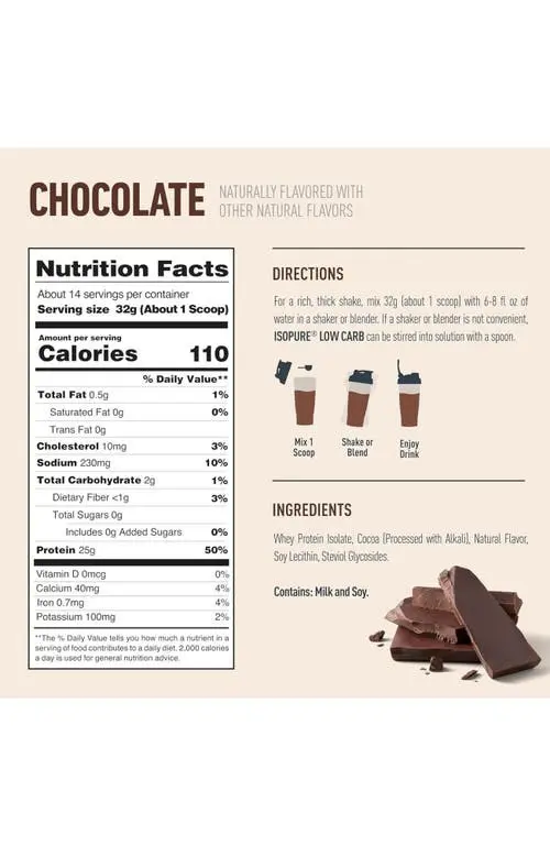 ISOPURE Low Carb 100% Whey Protein Isolate Chocolate Powder