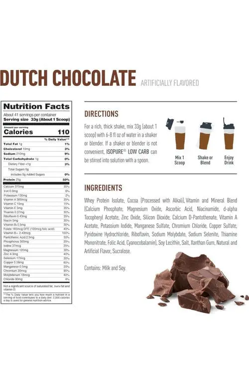 ISOPURE Low Carb Pure Whey Isolate Protein Powder Dutch Chocolate