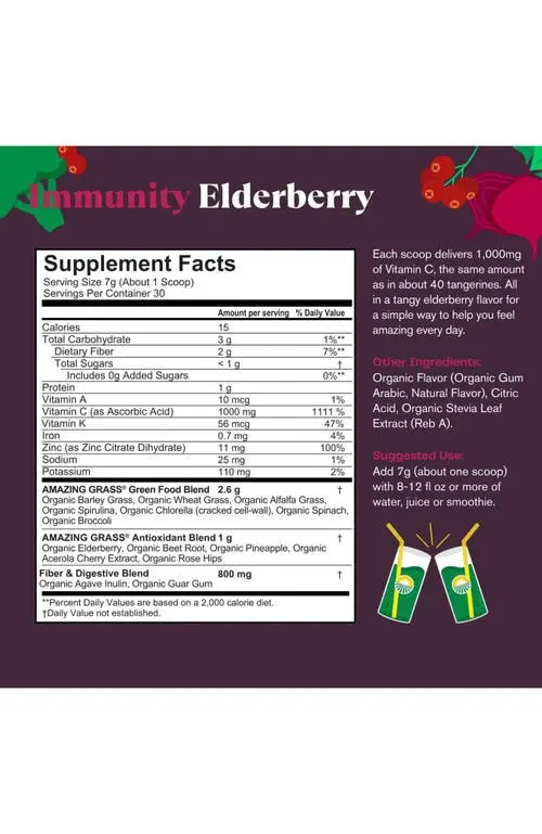 AMAZING GRASS Greens Blend Immunity Powder Elderberry Superfood Supplement 7.4 Oz