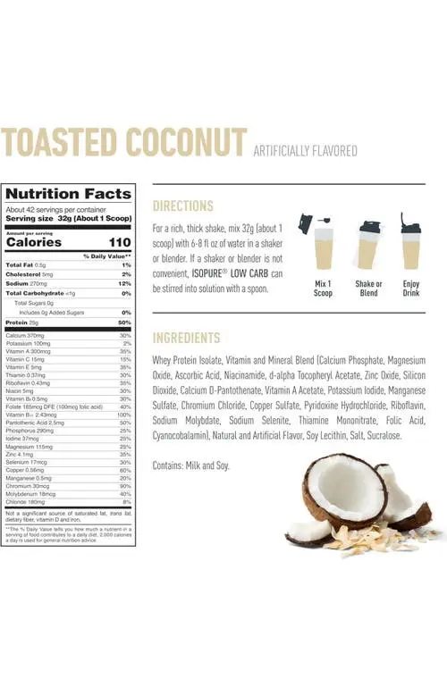 ISOPURE Low Carb Pure Whey Isolate Protein Powder Toasted Coconut