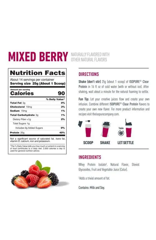 ISOPURE Clear Low Carb Whey Protein Isolate Powder Mixed Berry